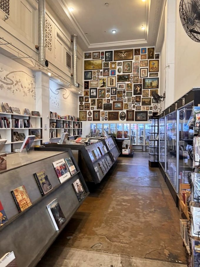 Art meets literature in this gallery-like space where framed memories line the walls, watching over browsers like guardians of culture.