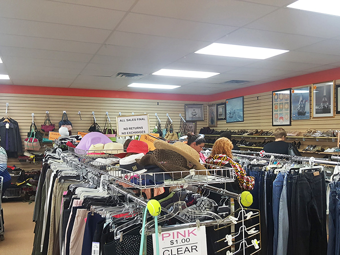 The clothing section stretches for what feels like miles. That perfect pair of jeans might be waiting here, possibly next to someone's regrettable impulse purchase.