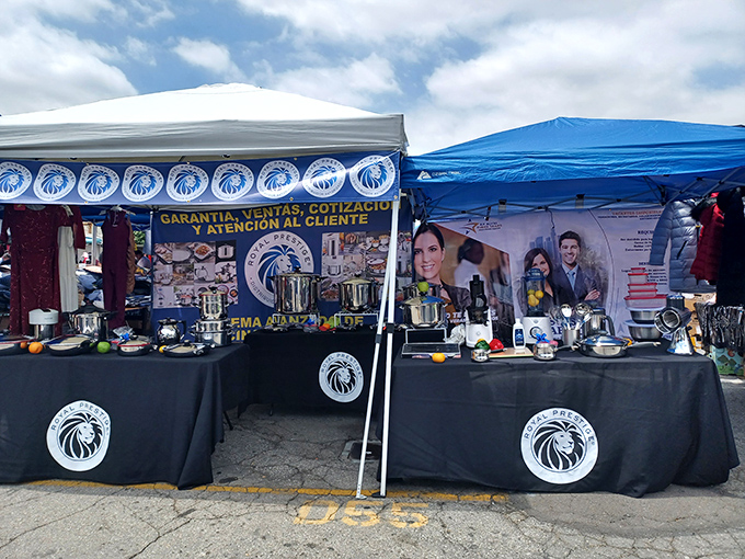 This kitchenware vendor displays gleaming pots and pans that would make any home chef reconsider their current collection.