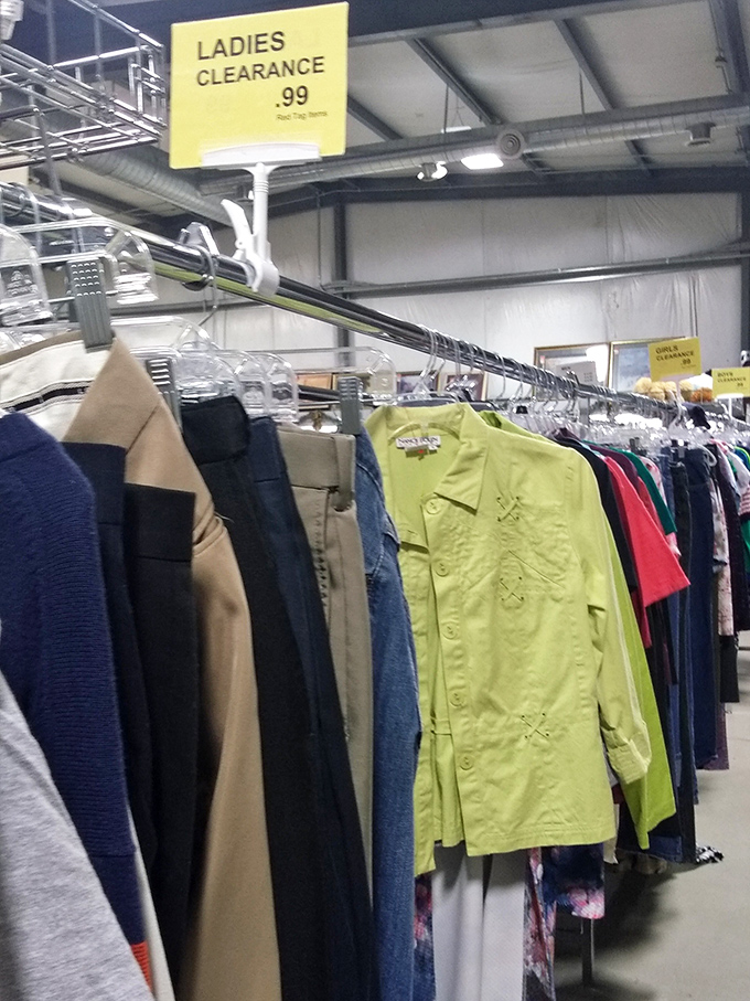 The legendary 99-cent ladies' clearance rack—where fashion dreams come true without emptying your wallet. That lime green blouse is calling!