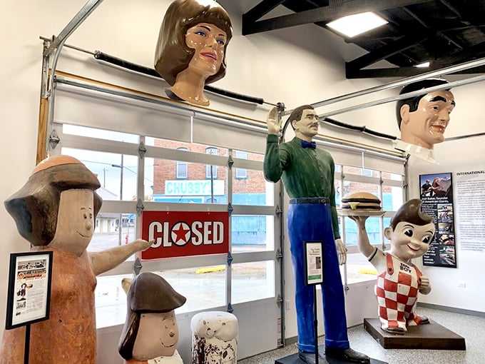 A gathering of gentle giants! The classic Muffler Man stands tall while Big Boy's checkered overalls remind us of roadside meals when burgers were events, not just fast food.