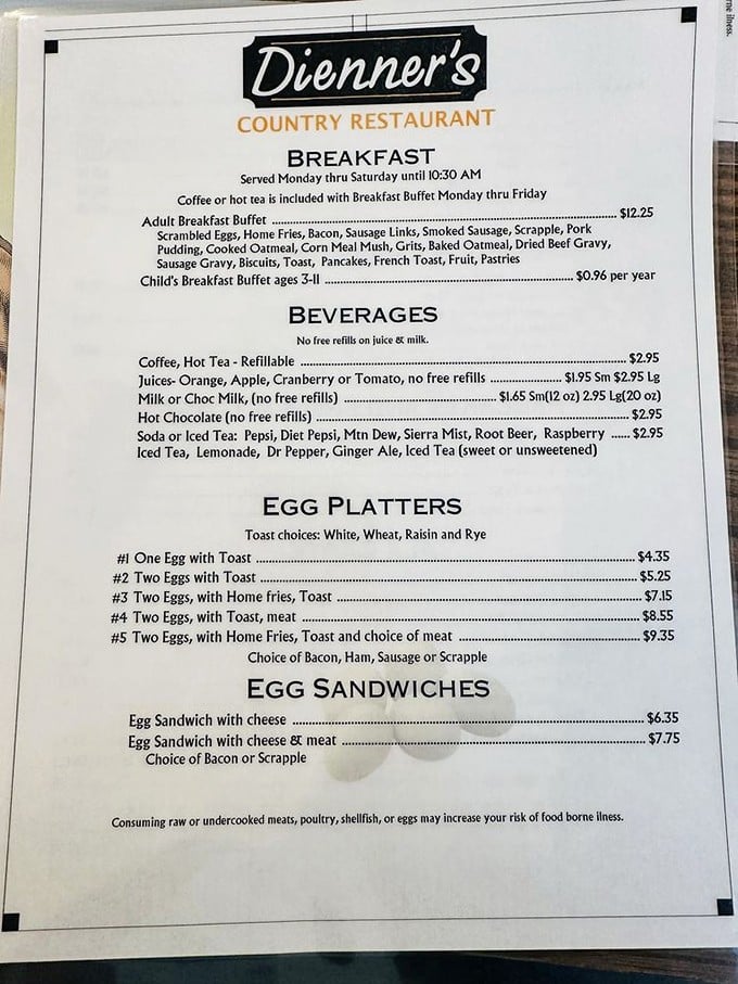 This menu isn't just a list of food—it's a roadmap to Pennsylvania Dutch paradise, with breakfast that could fuel a barn-raising.