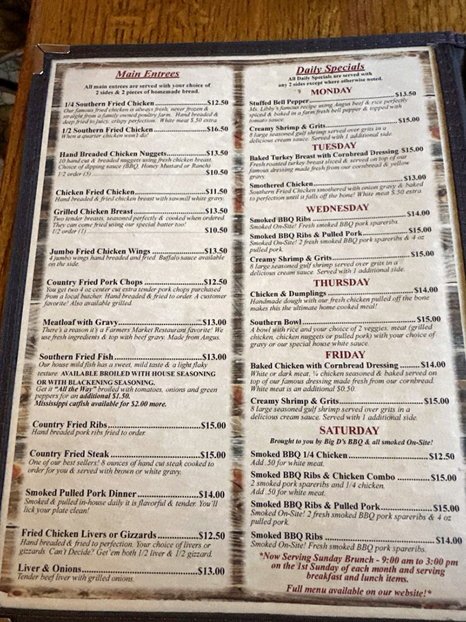This menu isn't just a list of dishes—it's a roadmap to happiness. Daily specials rotate like the greatest hits album of Southern cuisine.