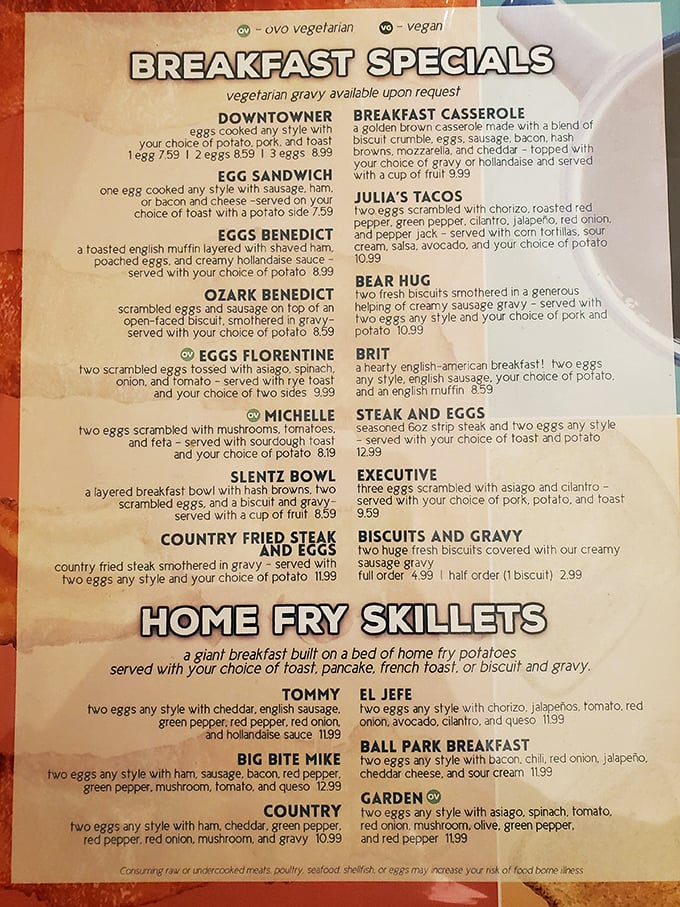 The breakfast menu reads like poetry for the hungry soul, where "Bear Hug" isn't just comfort—it's two biscuits smothered in sausage gravy heaven.