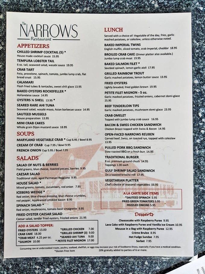 This menu isn't just a list of dishes—it's a love letter to the Chesapeake Bay, where crab appears in so many glorious forms you'll need multiple visits.