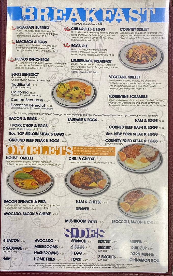 A breakfast menu that reads like poetry to the hungry soul. Notice the Lumberjack Breakfast? That's not a meal—it's a delicious challenge to your stomach's capacity.