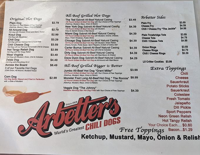 This menu isn't just a list of options – it's a roadmap to hot dog nirvana with choices that'll make decision-making deliciously difficult.