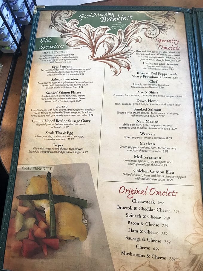 Menu poetry at its finest! Ida's breakfast offerings read like a love letter to morning hunger, with crab benedict stealing the spotlight.
