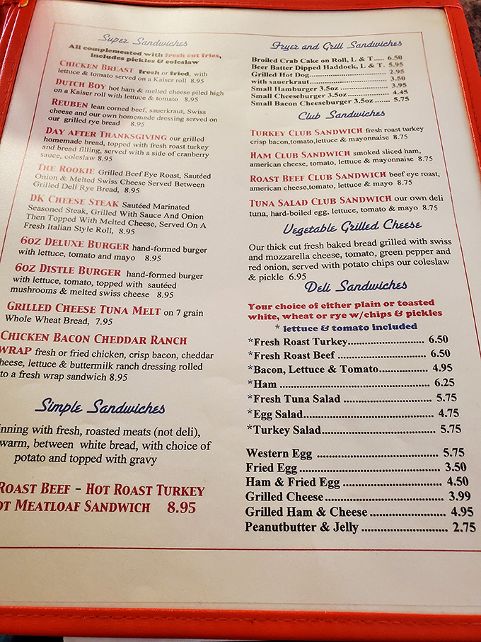 This menu isn't just a list of food—it's a roadmap to happiness. The "Dutch Boy" and "Simple Sandwiches" sections promise nostalgic delights worth every calorie.