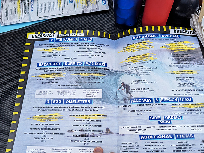 This menu isn't just a list of food—it's a roadmap to happiness. Choosing between the legendary French toast and those breakfast burritos might be the day's hardest decision.