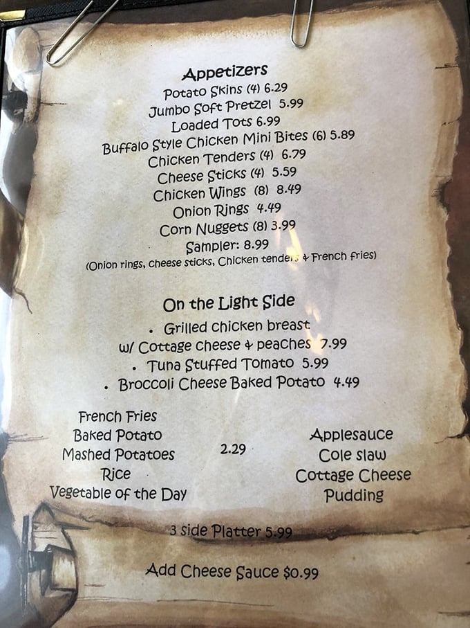 This menu isn't just a list of food—it's a love letter to American classics. Notice how the appetizer section alone could constitute a complete food pyramid for comfort food enthusiasts.