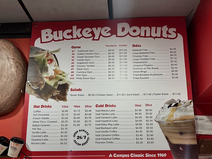 The menu board reveals Buckeye Donuts' surprising secret weapon—gyros that rival the donuts for customer affection. Talk about a plot twist!