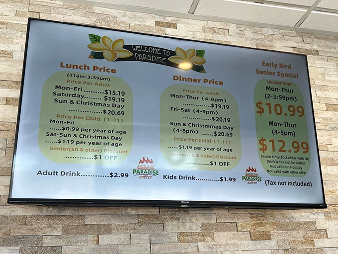 The menu board reveals the buffet's pricing structure – the adult equivalent of a kid seeing the height requirement for a roller coaster they desperately want to ride.