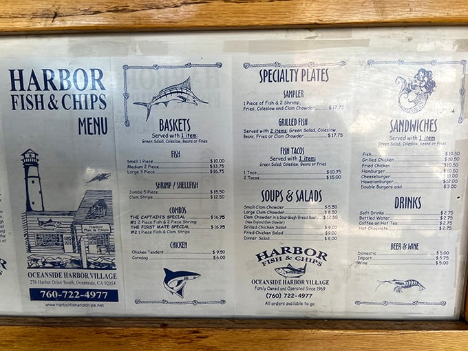 The menu board tells a simple story: fresh seafood prepared without pretension. Sometimes the best culinary adventures come with the fewest frills.