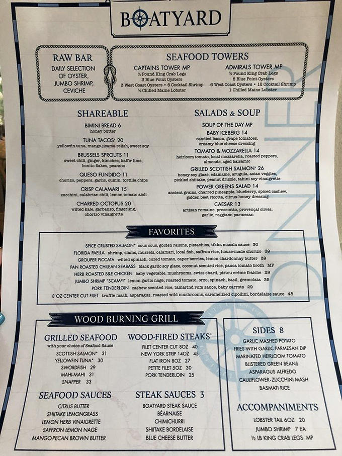 This menu isn't just a list—it's a maritime treasure map. The tuna tacos are circled in invisible ink for those in the know.