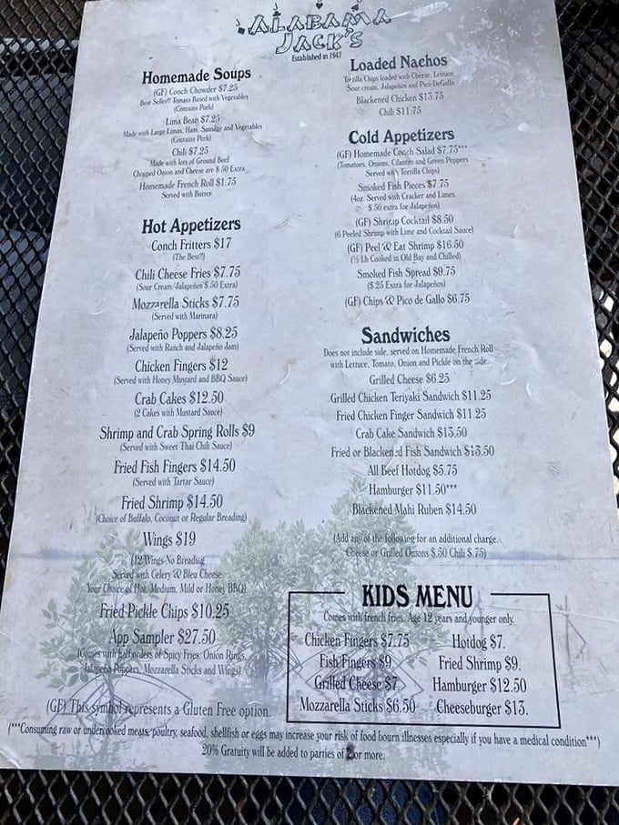 This menu isn't just a list of food—it's a treasure map to seafood nirvana. X marks the spot at "Conch Fritters."