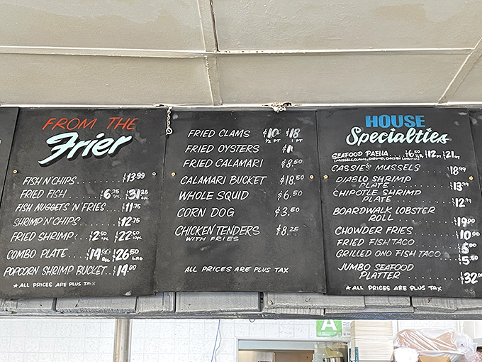 The menu board tells the whole story – no fancy fonts or flowery descriptions, just straightforward seafood excellence waiting to be ordered.