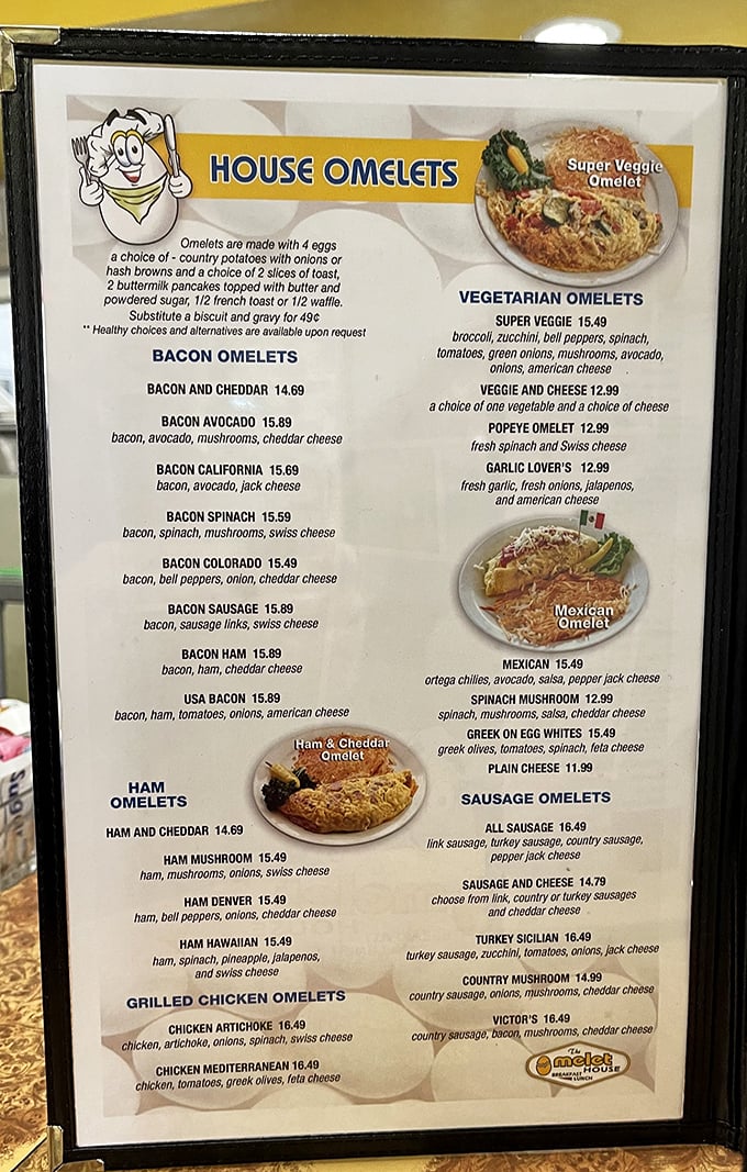 The menu board reads like a love letter to eggs—each omelet combination more tempting than the last, with options for every appetite.