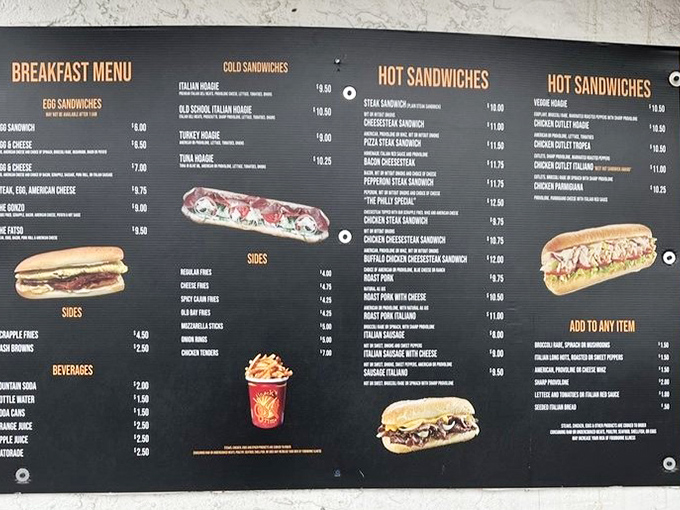 A menu board that reads like poetry to sandwich enthusiasts. No fancy fonts or pretentious descriptions—just the honest promise of Philadelphia's finest.