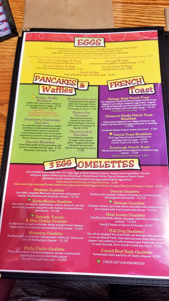 This menu isn't just colorful—it's a roadmap to breakfast nirvana. Choose your own adventure, but pack your appetite.