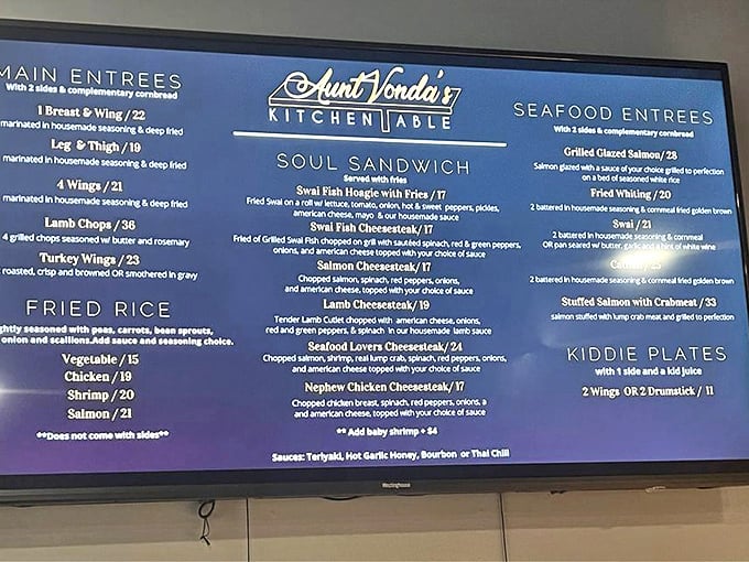 Menu magic! Aunt Vonda's offerings read like a soul food love letter, from those famous turkey wings to creative seafood cheesesteaks.
