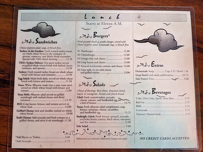 A menu that reads like comfort food poetry. No QR codes or fancy fonts—just straightforward breakfast promises waiting to be fulfilled.