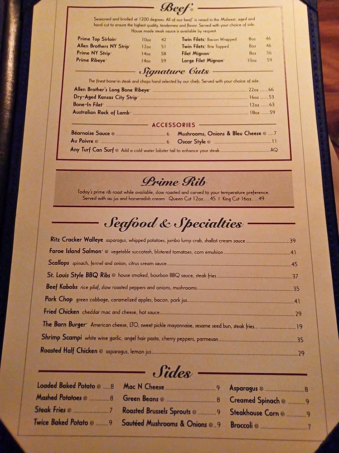 This isn't just a menu—it's a love letter to carnivores. The prime rib section alone might bring a tear to your eye.