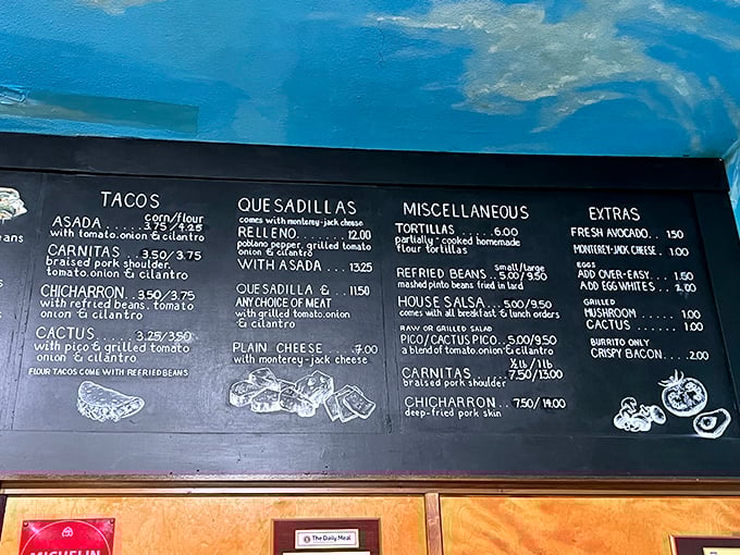 The chalkboard menu reads like a love letter to Mexican street food classics. Decisions, decisions!