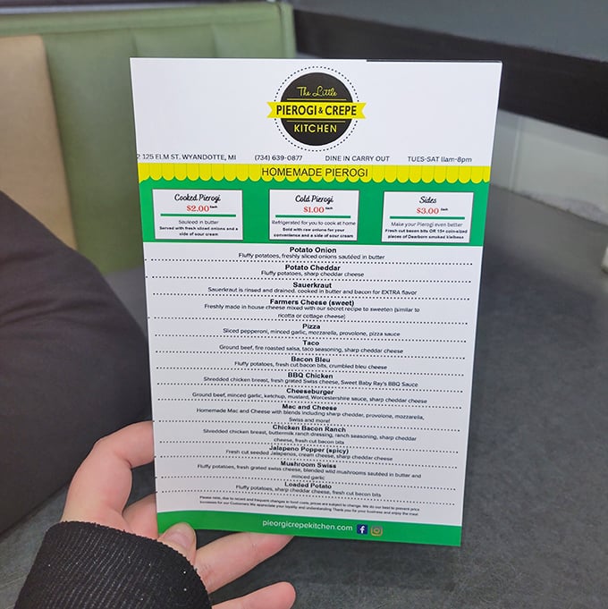 This menu isn't just a list – it's a roadmap to happiness with destinations like "Potato Cheddar" and "Farmers Cheese Sweet."