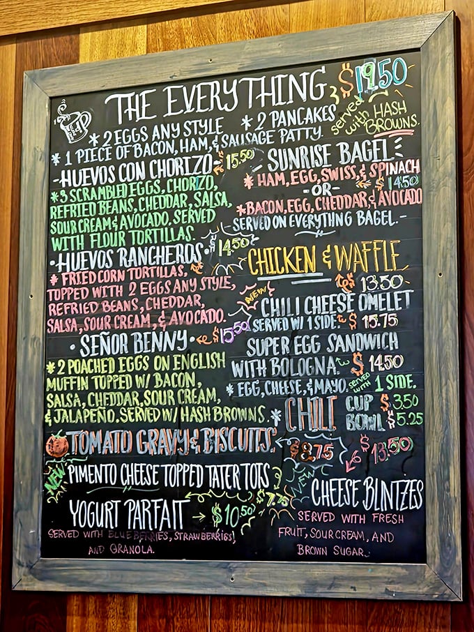 This chalkboard menu isn't just a list—it's a roadmap to happiness with delights like "The Everything" and "Señor Benny" promising morning bliss.