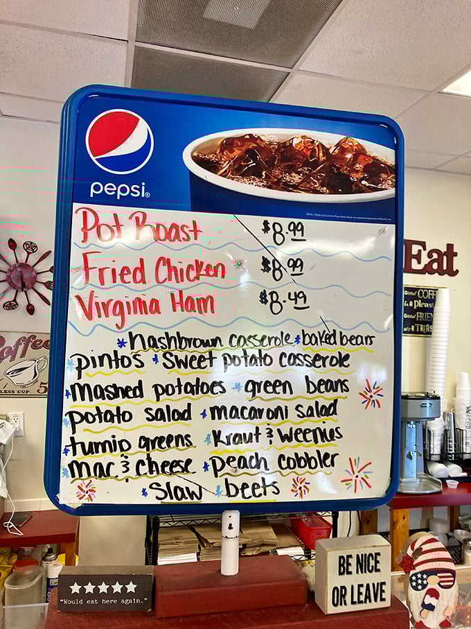 This handwritten menu board isn't just listing food; it's a roadmap to happiness with a side of "Be Nice or Leave" philosophy.
