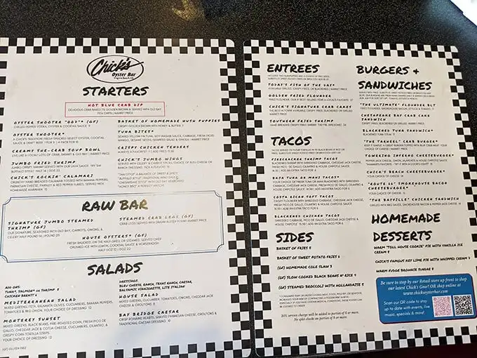 A menu that reads like a love letter to the Chesapeake Bay. No fancy French names here, just honest-to-goodness seafood treasures.