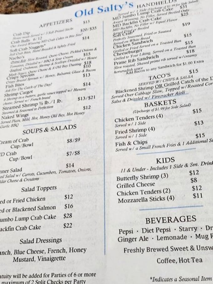 This menu reads like a love letter to the Chesapeake Bay. The jumbo lump crab cake isn't just a meal—it's Maryland's edible heritage.