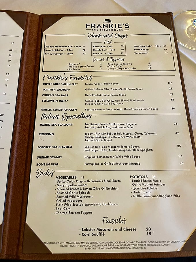 A menu that reads like poetry to carnivores. The "Frankie's Favorites" section isn't just clever marketing—it's your roadmap to satisfaction.