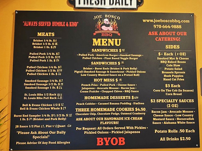 This menu board isn't just a list—it's a roadmap to barbecue nirvana, with "Always Served Humble & Kind" setting the perfect tone.