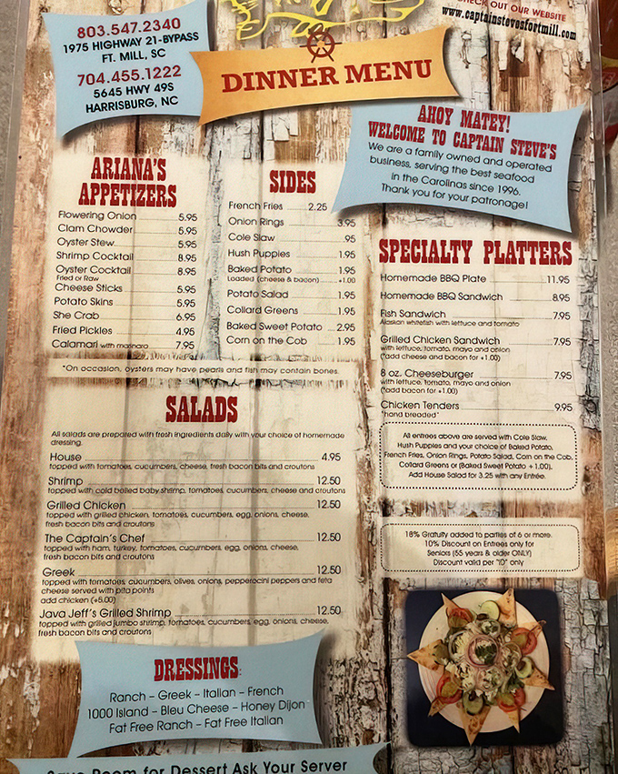 This menu isn't just a list—it's a treasure map to seafood paradise. The weathered wood background practically whispers sea shanties as you choose.