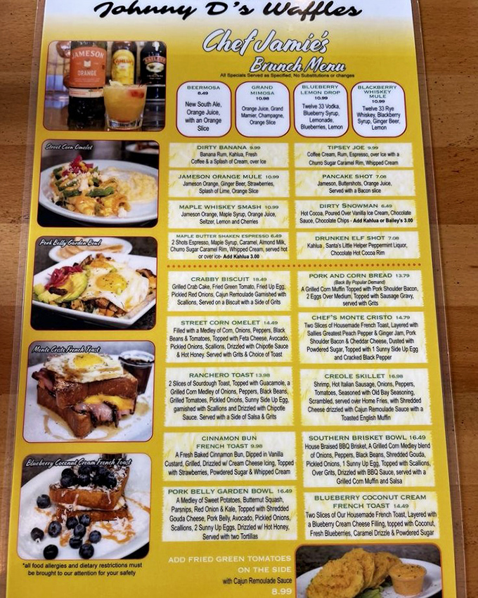 Chef Jamie's brunch menu reads like a love letter to morning indulgence—part breakfast classics, part creative genius, all temptation.