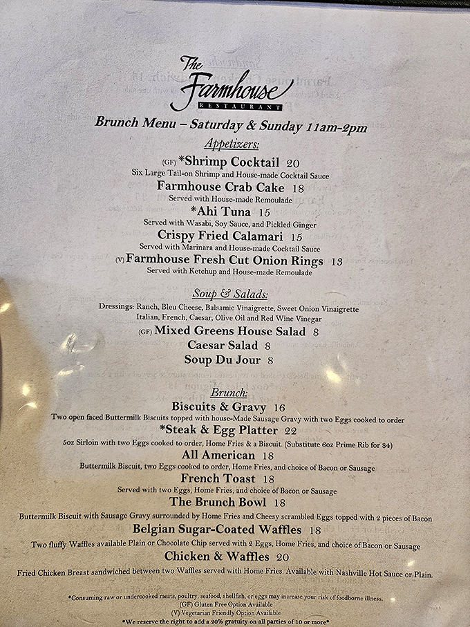 The brunch menu reads like a love letter to Southern comfort, with promises of buttermilk biscuits and Belgian waffles that could make a cardiologist weep.