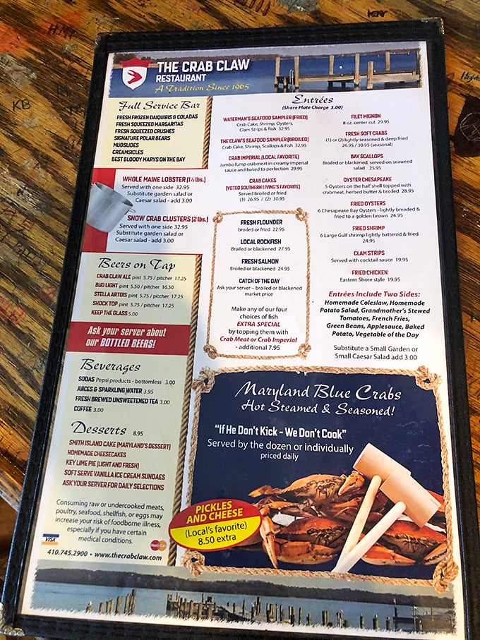 This menu isn't just a list of options—it's a treasure map to Maryland's finest seafood bounty. "If He Don't Kick, We Don't Cook" says it all.