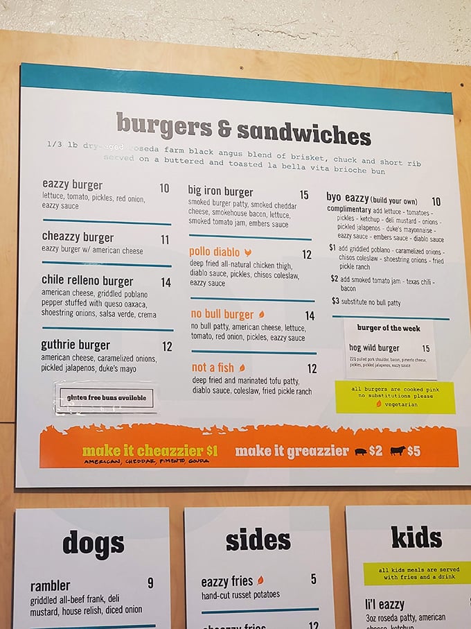 The menu board reads like a love letter to burger aficionados—each option more tempting than the last.