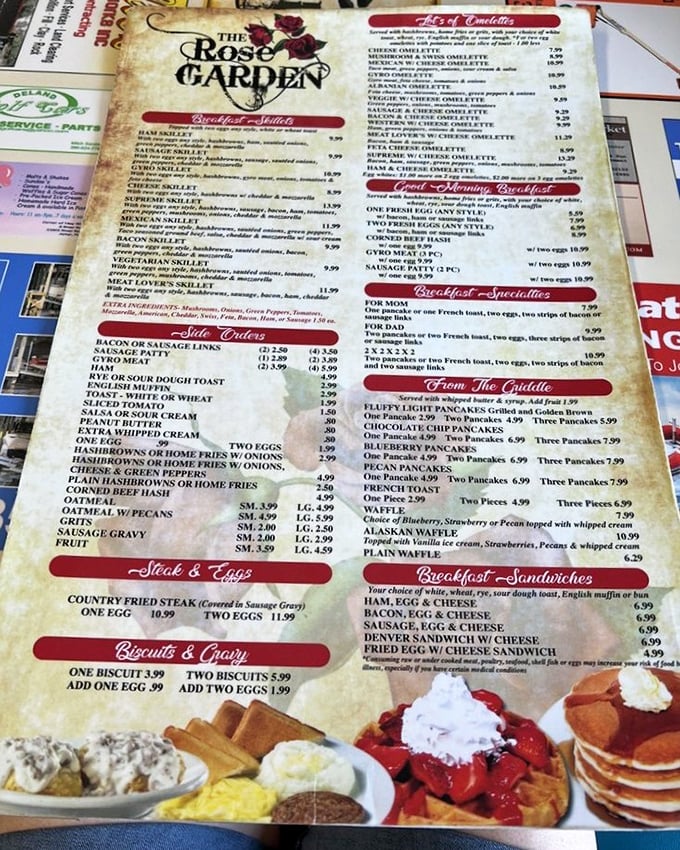 This menu isn't just a list of options—it's a roadmap to breakfast nirvana with skillets, omelets, and pancakes that could convert a morning grump.