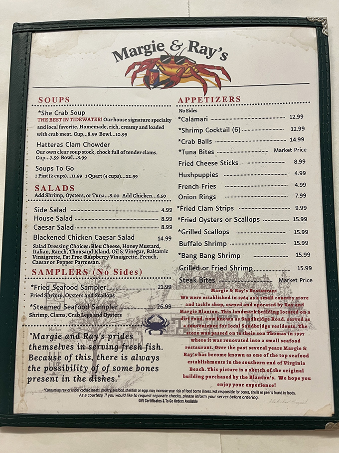 A menu that reads like coastal Virginia's greatest hits. The "She Crab Soup" description alone is enough to make you order two bowls.