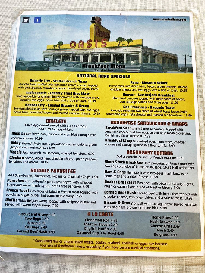 This isn't just a menu—it's a road trip across America, with breakfast specials named after cities and enough comfort food to fuel your journey.
