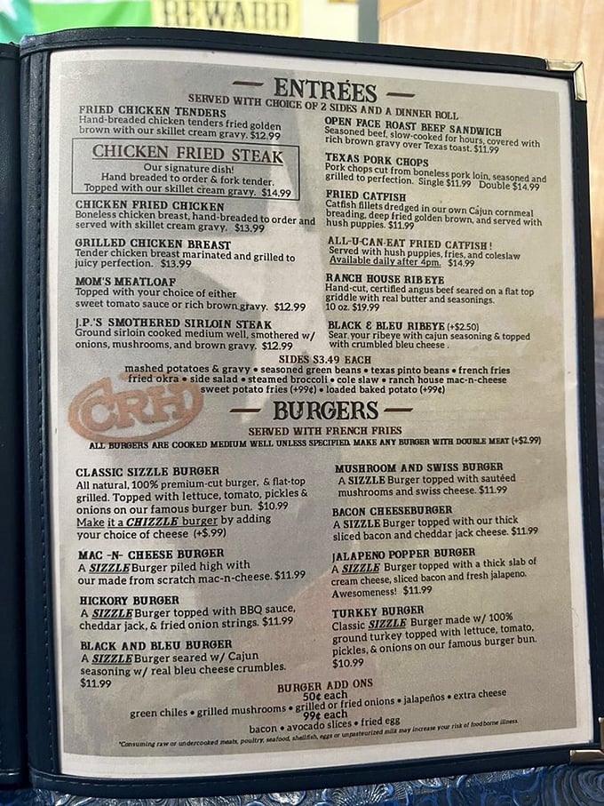 This menu isn't just a list of options—it's a love letter to Texas comfort food, with chicken fried steak taking center stage.