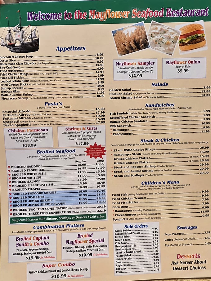 The menu reads like a love letter to seafood enthusiasts—just try not to drool on it while making your impossible decision.