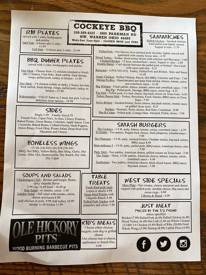 This menu isn't just a list of food—it's a roadmap to happiness. From "Rib Plates" to "Just Meat," they understand what you came for.