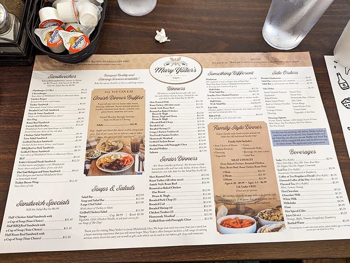 This menu isn't just a list of options—it's a roadmap to happiness. Each item represents generations of Amish cooking wisdom distilled into one glorious meal opportunity.