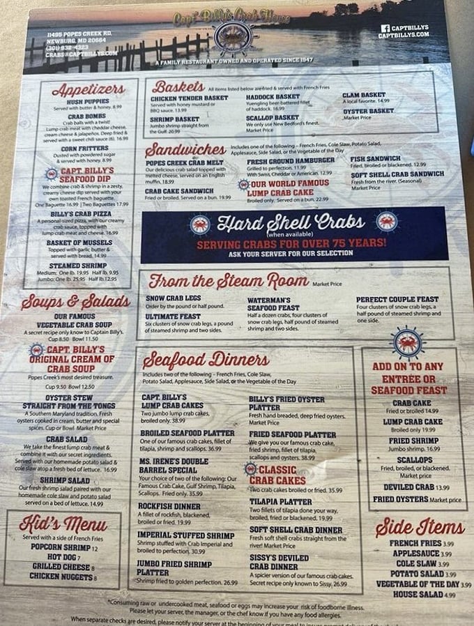 A menu that reads like seafood poetry – from hush puppies to hard shell crabs, the promise of Chesapeake Bay bounty awaits.