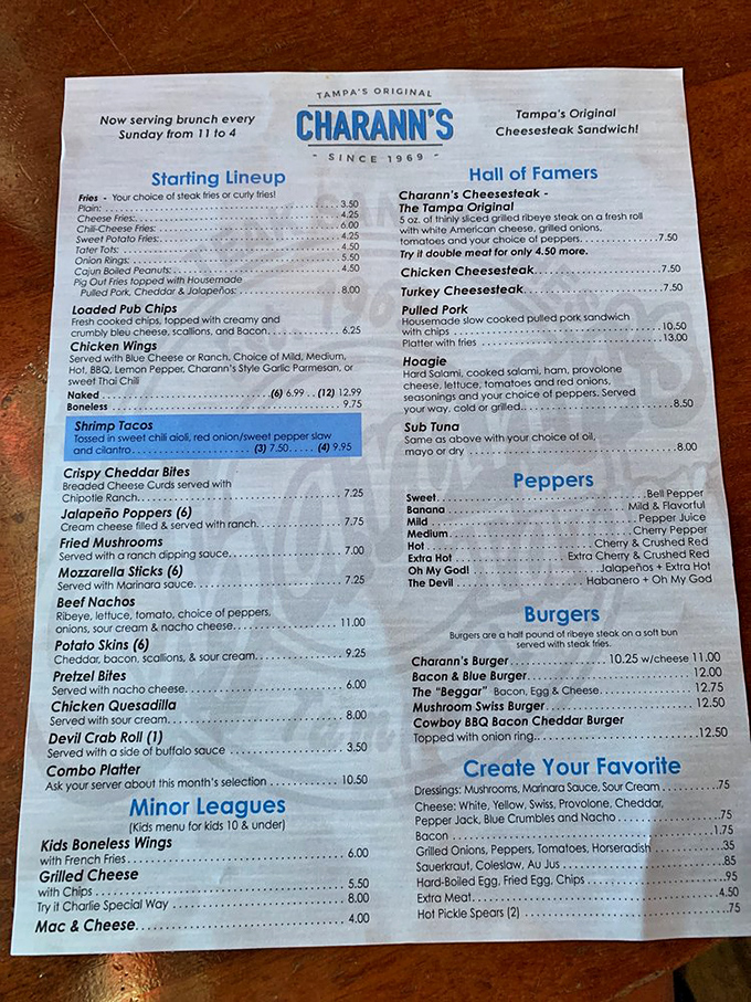 The menu reads like a love letter to comfort food. Notice how they call appetizers the "Starting Lineup" – because in Tampa, even food has team spirit.