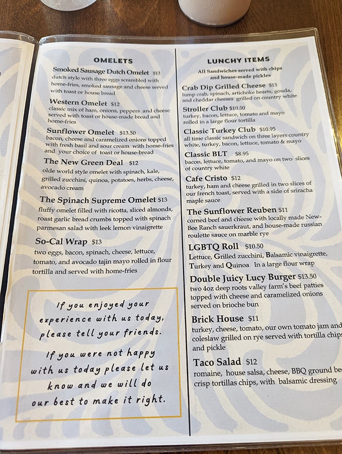 A menu that reads like breakfast poetry—where the "Sunflower Omelet" isn't just a meal, it's a morning masterpiece waiting to happen.